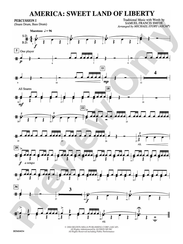 America: Sweet Land of Liberty: 1st Percussion: 1st Percussion Part ...