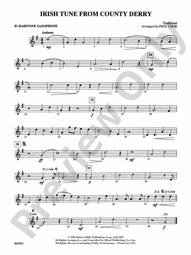Irish Tune from County Derry: E-flat Baritone Saxophone: E-flat ...