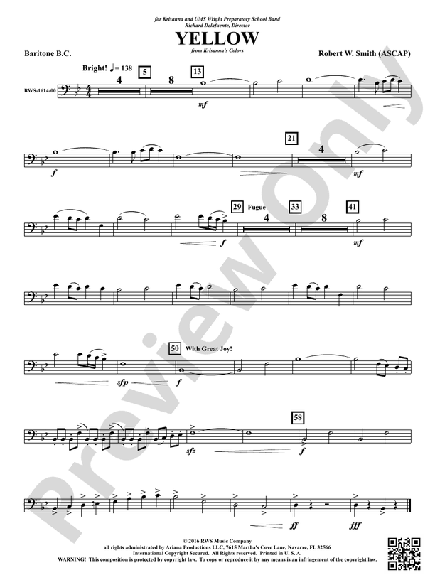 Yellow: Baritone B.C.: Baritone B.C. Part: Robert W. Smith - Digital Sheet Music Download