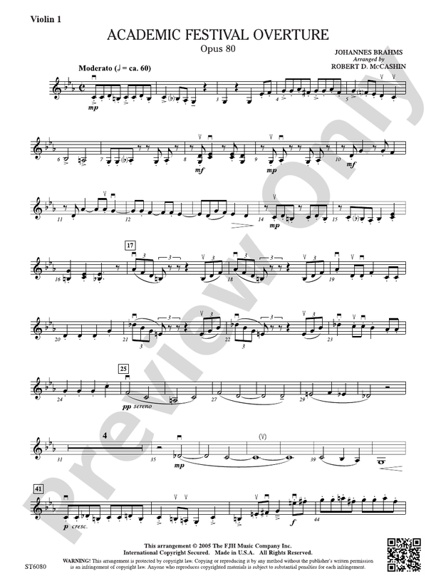 Academic Festival Overture, Opus 80: Violin 1: Violin 1 Part: Johannes ...