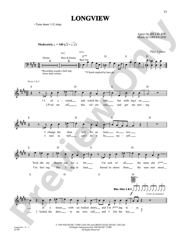 Longview (Live Version): Guitar: Green Day - Digital Sheet Music Download