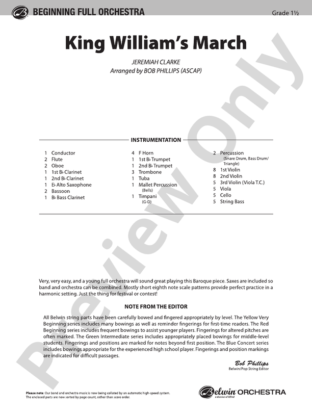 King William's March: Score: Full Orchestra Score - Digital Sheet Music ...