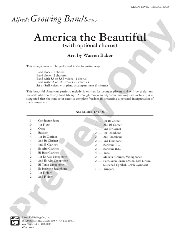 America, the Beautiful (with optional SA/SAB chorus): Score: Concert ...