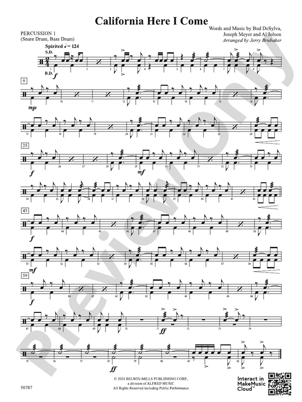 California Here I Come: 1st Percussion: 1st Percussion Part - Digital Sheet Music Download