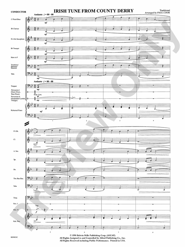 Irish Tune from County Derry: Concert Band Conductor Score & Parts ...