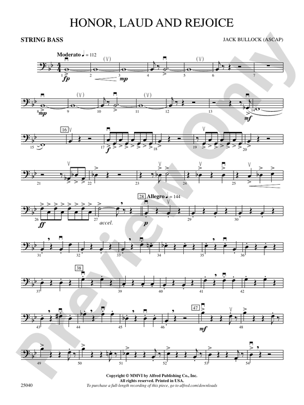 Honor, Laud and Rejoice: String Bass: String Bass Part - Digital Sheet ...