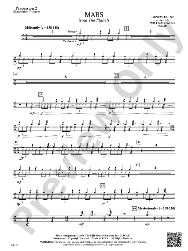 Mars from The Planets: Percussion 2: Percussion 2 Part: Gustav Holst ...