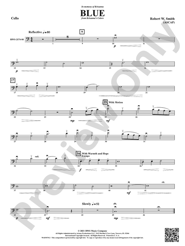 Blue - From Krisanna's Colors: Cello: Cello Part: Robert W. Smith - Digital Sheet Music Download
