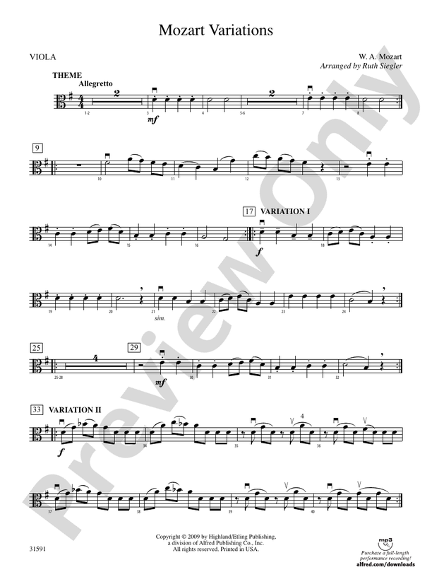 Mozart Variations: Viola: Viola Part - Digital Sheet Music Download