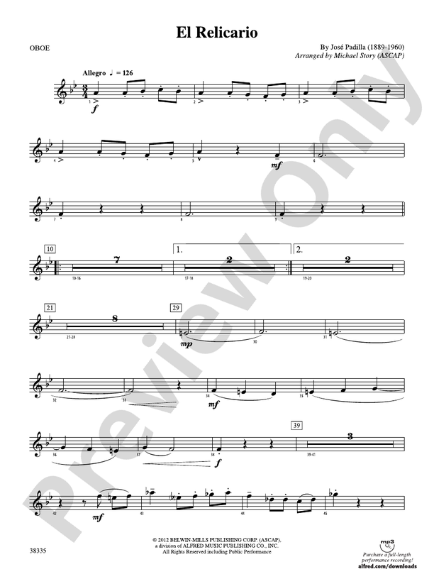 El Relicario: Oboe: Oboe Part - Digital Sheet Music Download