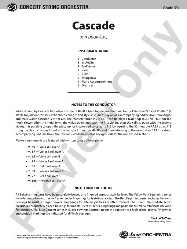 Cascade: String Orchestra Conductor Score & Parts: Bert Ligon - Digital ...