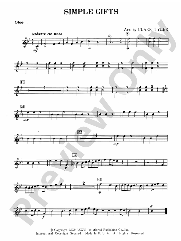 Simple Gifts (Shaker Folk Tune): Oboe: Oboe Part - Digital Sheet Music ...