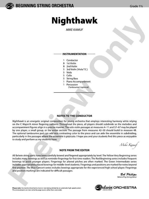 Nighthawk: String Orchestra Conductor Score & Parts: Mike Kamuf ...