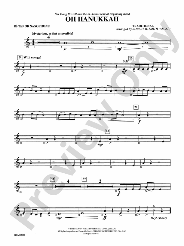Oh Hanukkah B Flat Tenor Saxophone B Flat Tenor Saxophone Part