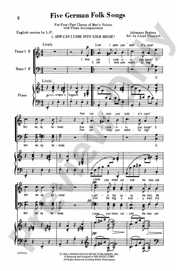 Five German Folk Songs: TTBB Choral Octavo: Johannes Brahms - Digital ...
