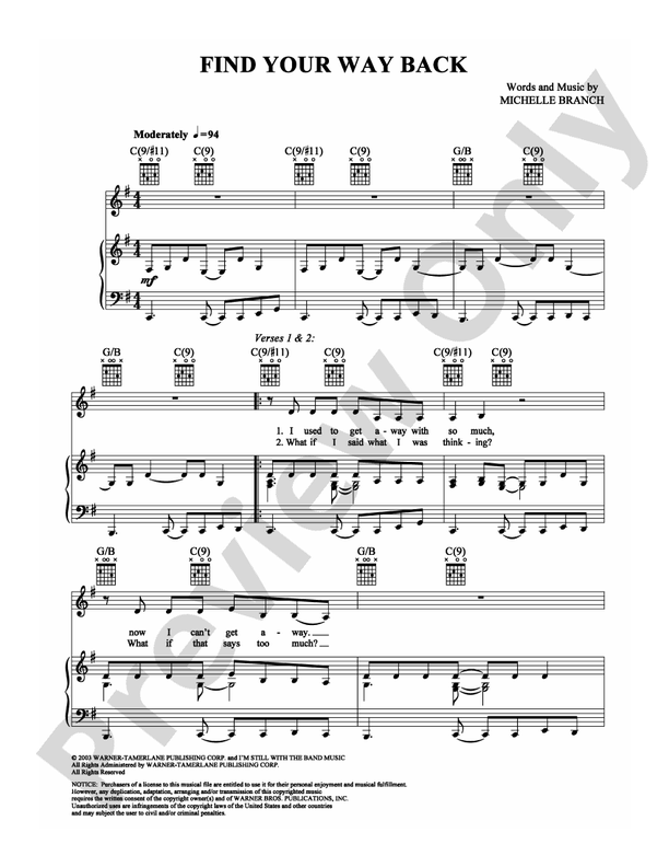 Find Your Way Back: Piano/Vocal/Chords: Michelle Branch - Digital Sheet ...