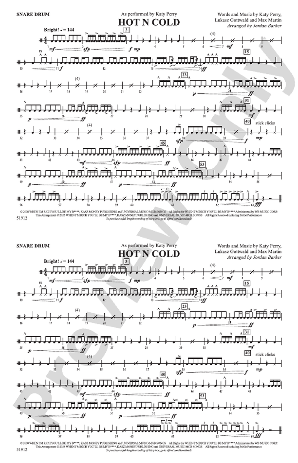 Hot N Cold: Snare Drum: Snare Drum Part - Digital Sheet Music Download