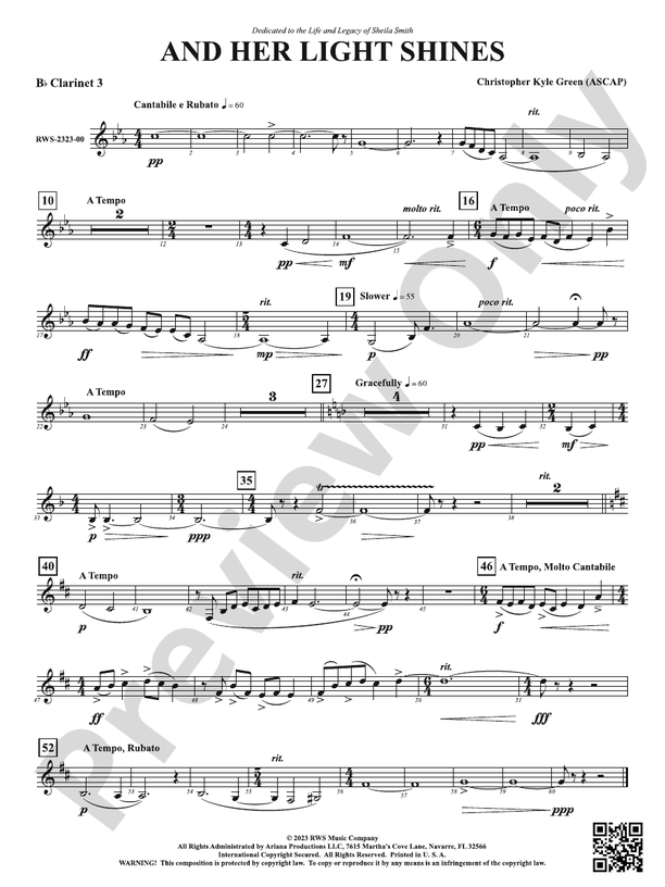 And Her Light Shines: 3rd B-flat Clarinet: 3rd B-flat Clarinet Part: Christopher Kyle Green ...