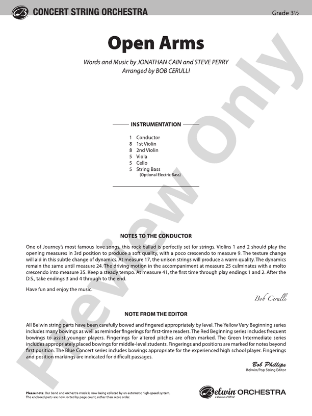 Open Arms: Score: String Orchestra Score - Digital Sheet Music Download
