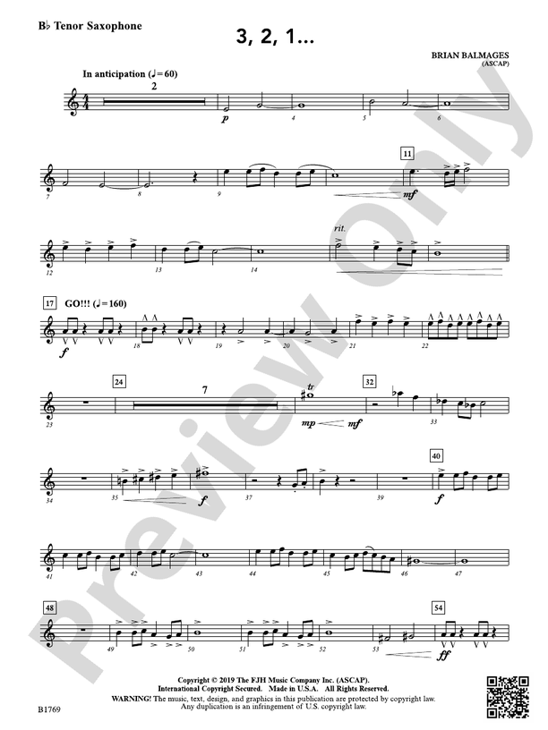 3, 2, 1 . . .: B-flat Tenor Saxophone: B-flat Tenor Saxophone Part: Brian Balmages - Digital ...