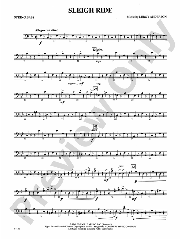 Sleigh Ride: String Bass: String Bass Part - Digital Sheet Music Download