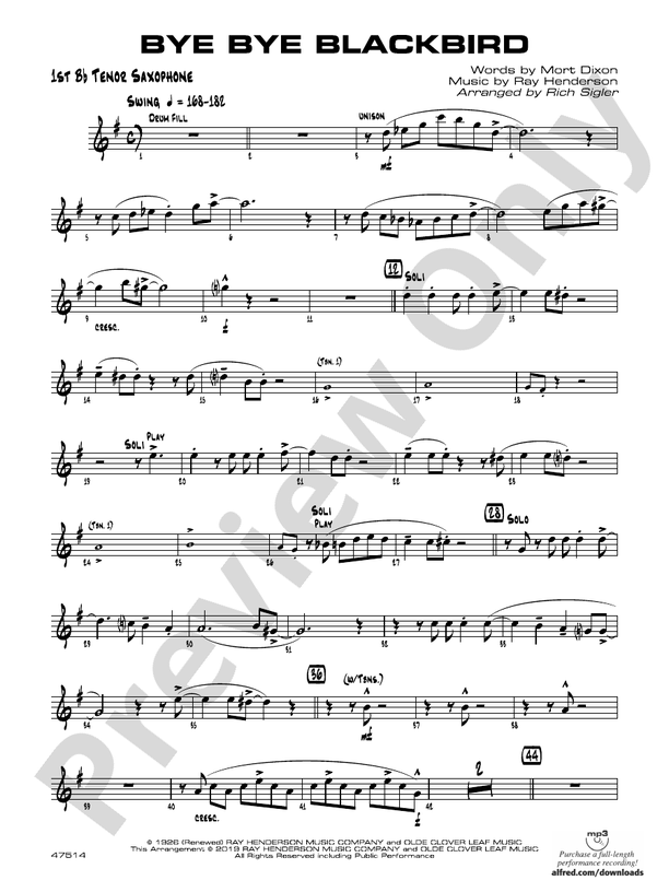 Bye Bye Blackbird: B-flat Tenor Saxophone: B-flat Tenor Saxophone Part ...
