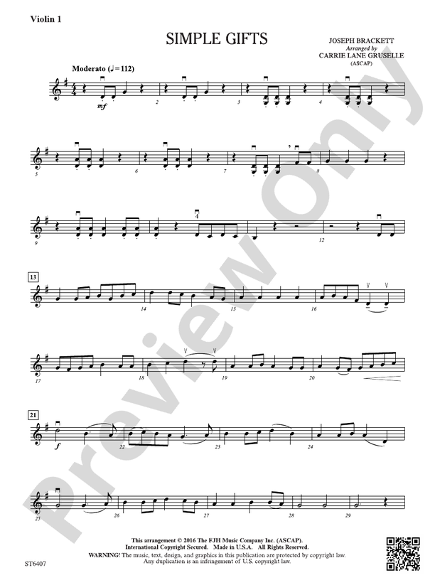 Simple Gifts: Violin 1: Violin 1 Part: Joseph Brackett - Digital Sheet ...