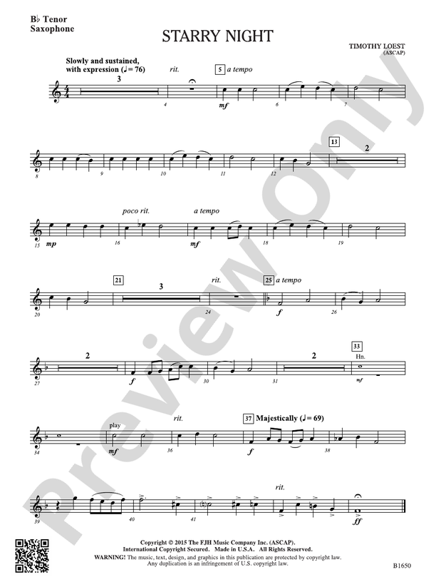 Starry Night: B-flat Tenor Saxophone: B-flat Tenor Saxophone Part ...