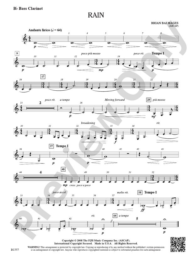 Rain: B-flat Bass Clarinet: B-flat Bass Clarinet Part: Brian Balmages ...