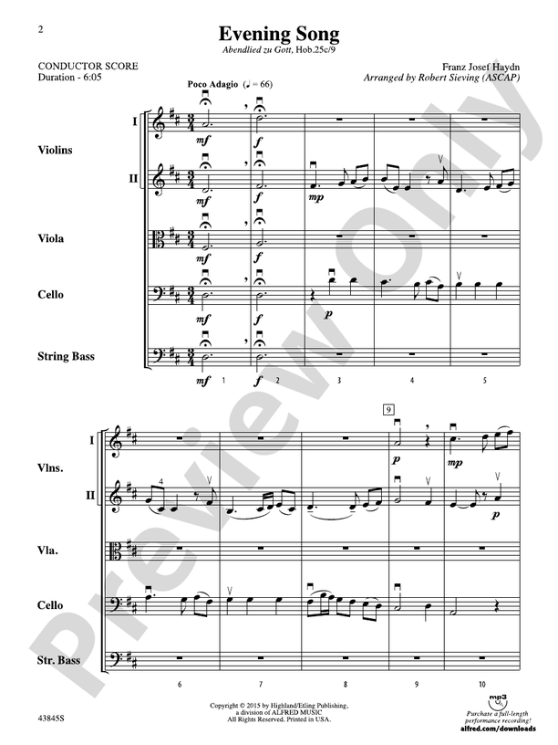 Evening Song: String Orchestra Conductor Score & Parts: Franz Josef ...