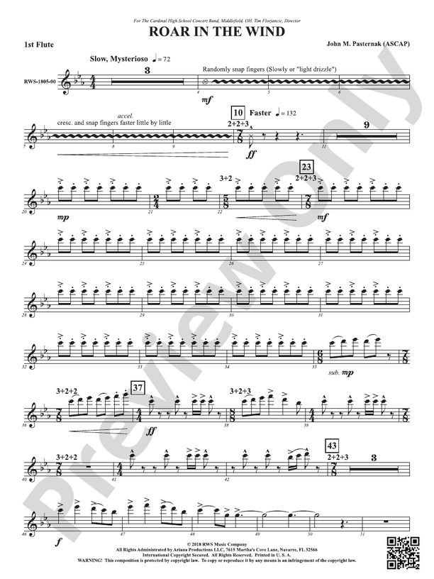 Roar in the Wind: 1st Flute: 1st Flute Part: John M. Pasternak ...