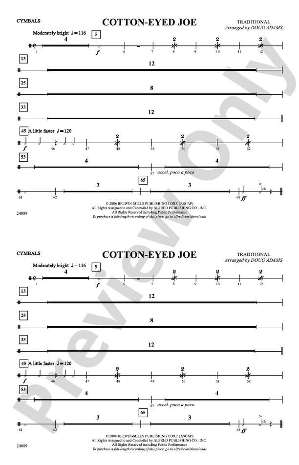 Cotton-Eyed Joe: Cymbals: Cymbals Part - Digital Sheet Music Download