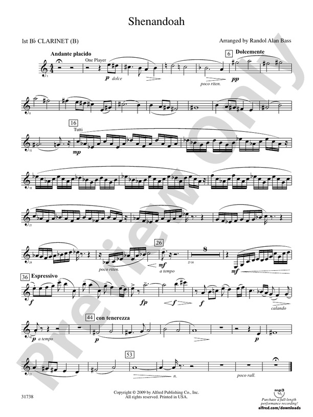 Shenandoah: 2nd B-flat Clarinet: 2nd B-flat Clarinet Part - Digital Sheet Music Download