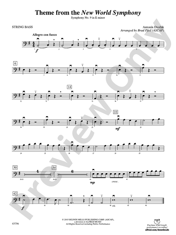 New World Symphony, Theme from the: String Bass: String Bass Part ...