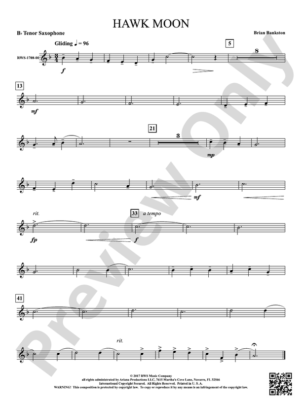 Hawk Moon: B-flat Tenor Saxophone: B-flat Tenor Saxophone Part: Brian ...