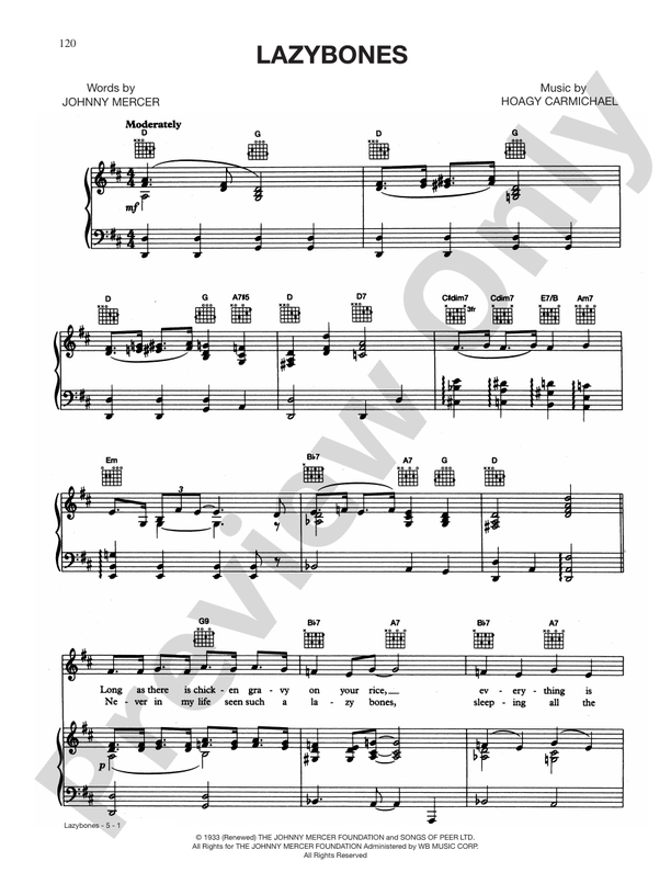 Lazy Bones: Piano/Vocal/Guitar: Johnny Mercer - Digital Sheet Music Download
