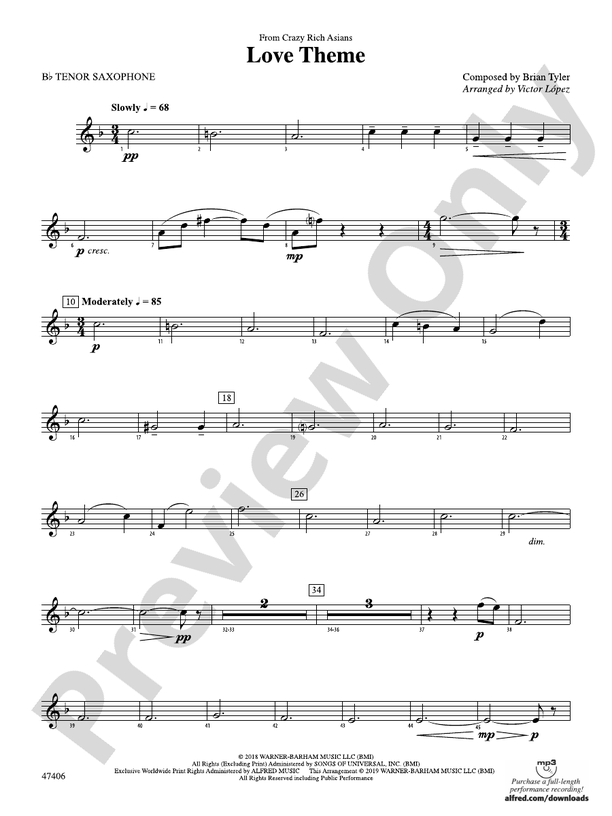 Love Theme: B-flat Tenor Saxophone: B-flat Tenor Saxophone Part - Digital Sheet Music Download
