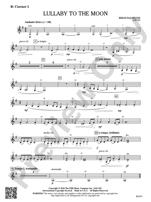 Lullaby to the Moon: B-flat Clarinet 2: B-flat Clarinet 2 Part: Brian ...