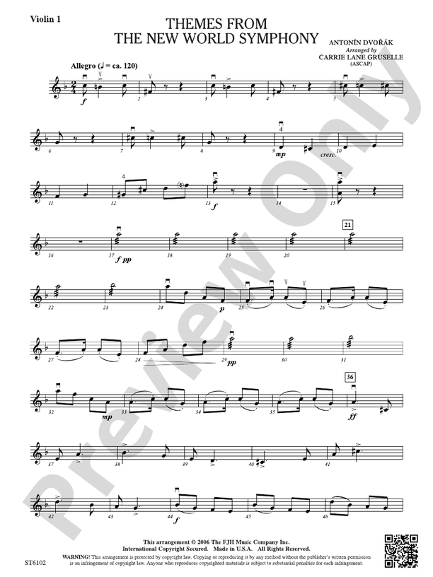 Themes from the New World Symphony: Violin 1: Violin 1 Part: Antonin ...