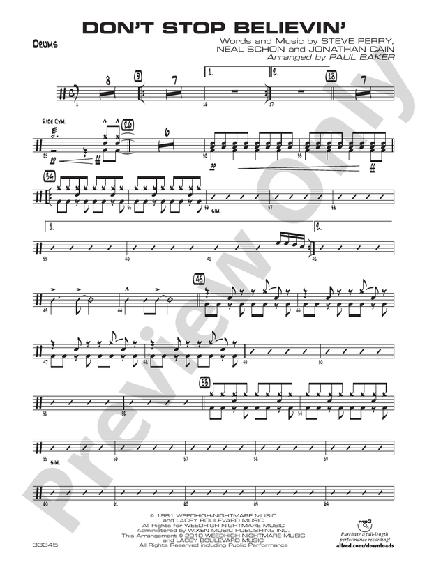 Don't Stop Believin': Drums: Drums Part - Digital Sheet Music Download