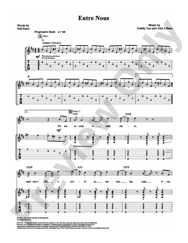 Entre Nous: Guitar TAB: Rush - Digital Sheet Music Download