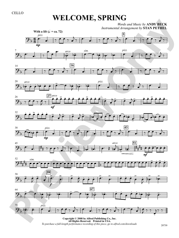 Welcome, Spring: Cello: Cello Part - Digital Sheet Music Download