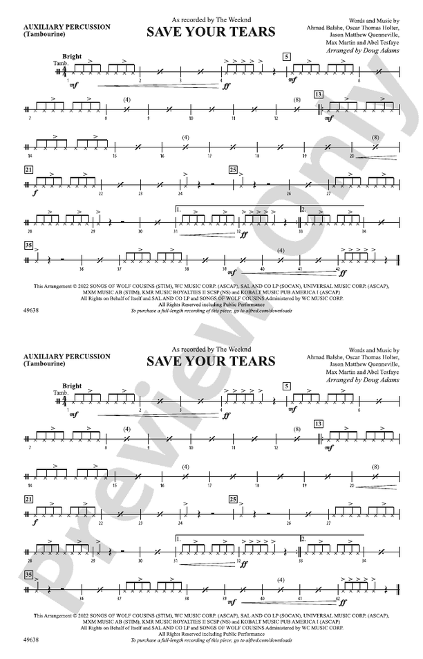 Save Your Tears: Auxiliary Percussion: Auxiliary Percussion Part ...