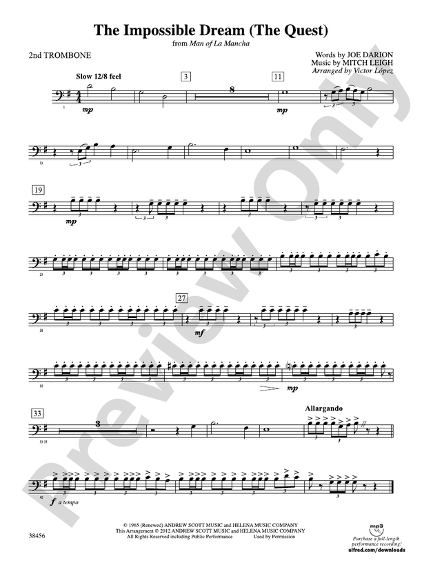 The Impossible Dream (from Man of La Mancha): 2nd Trombone: 2nd Trombone Part - Digital Sheet ...