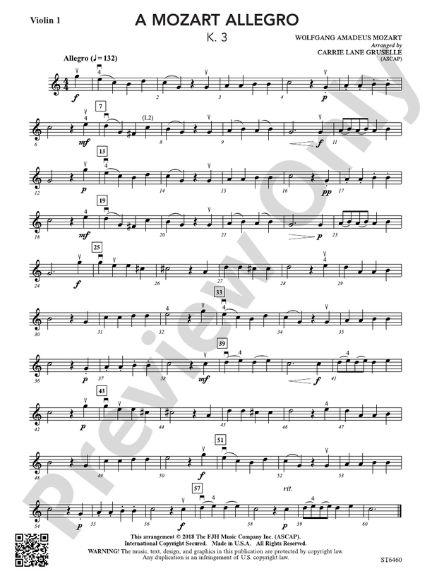 A Mozart Allegro: Violin 1: Violin 1 Part: Wolfgang Amadeus Mozart ...