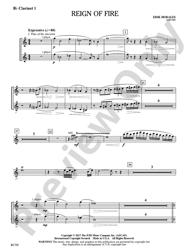 Reign of Fire: B-flat Clarinet 1: B-flat Clarinet 1 Part: Erik Morales ...