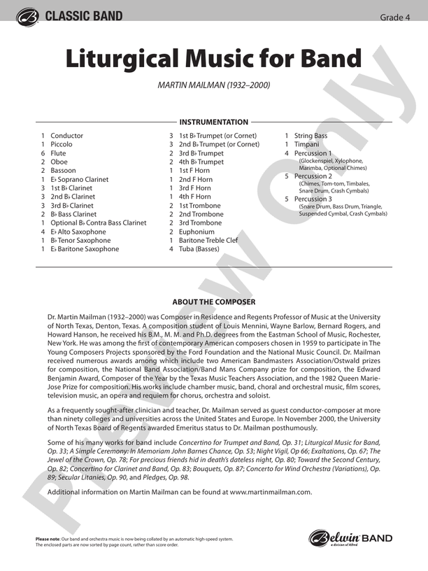 Liturgical Music for Band, Op. 33: Concert Band Conductor Score & Parts ...