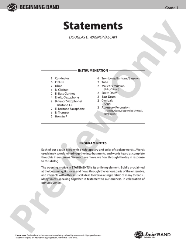 Statements: Concert Band Conductor Score & Parts: Douglas E. Wagner ...