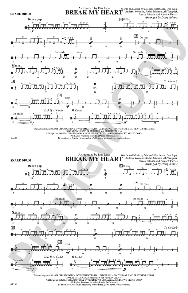 Break My Heart Snare Drum Snare Drum Part Digital Sheet Music Download