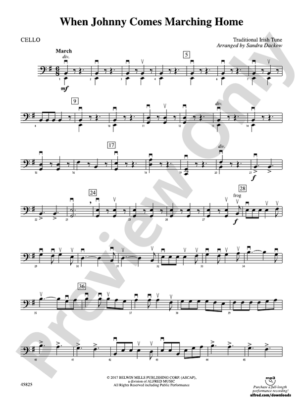 When Johnny Comes Marching Home: Cello: Cello Part - Digital Sheet ...